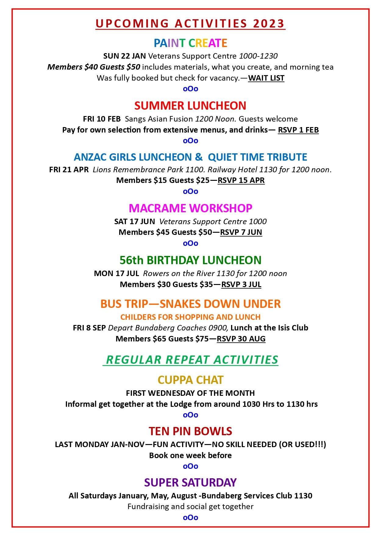 events diary – Past and Present Servicewomen of Bundaberg,