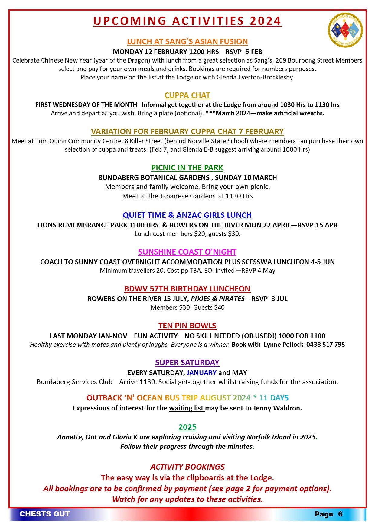 events diary – Past and Present Servicewomen of Bundaberg,